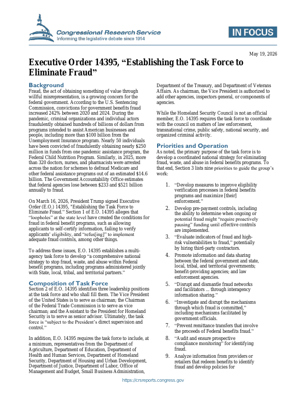 Executive Order 14395, “Establishing the Task Force to Eliminate Fraud ...