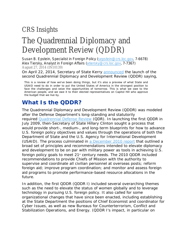 The Quadrennial Diplomacy and Development Review (QDDR ...