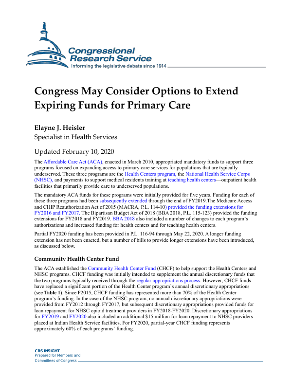 Congress May Consider Options to Extend Expiring Funds for Primary Care ...