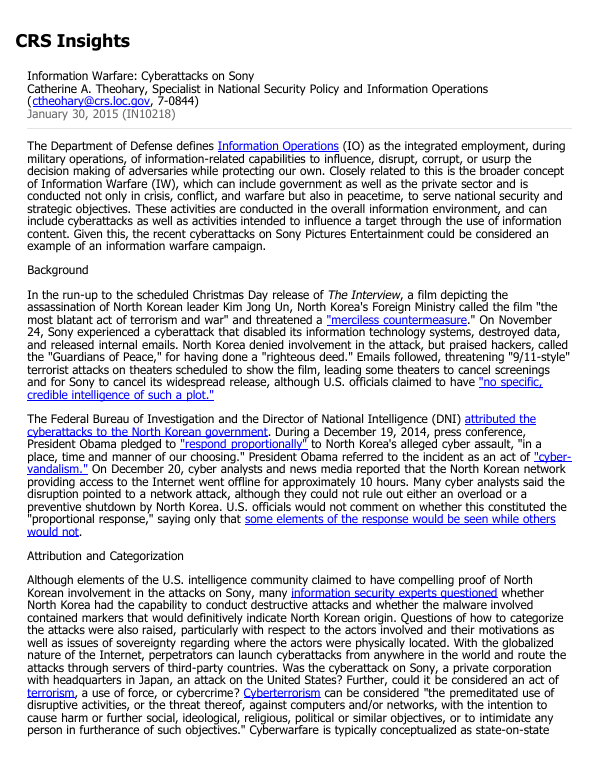 Information Warfare: Cyberattacks on Sony - EveryCRSReport.com