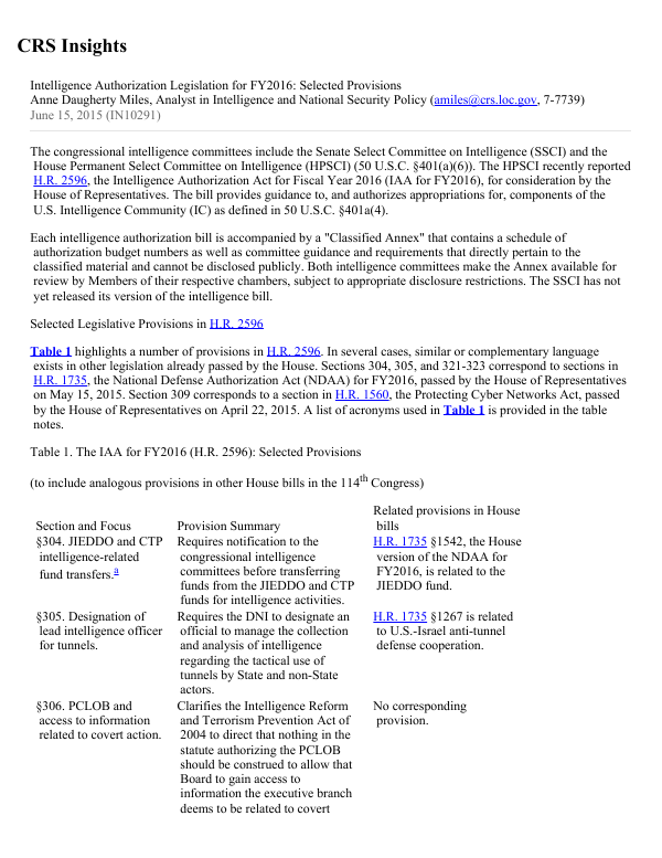 Intelligence Authorization Legislation for FY2016: Selected Provisions ...