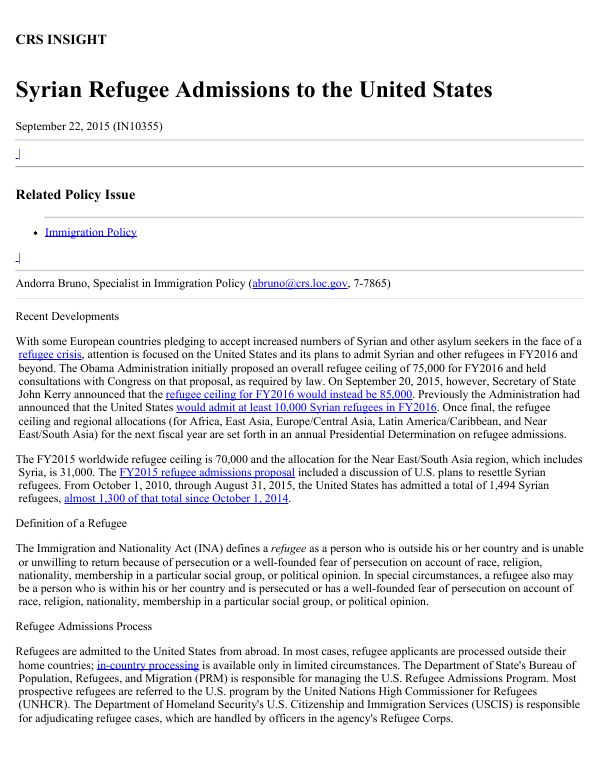 Syrian Refugee Admissions to the United States - EveryCRSReport.com
