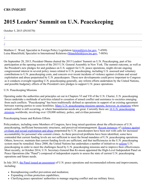 2015 Leaders' Summit on U.N. Peacekeeping - EveryCRSReport.com
