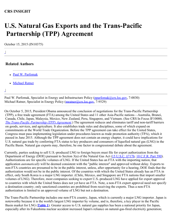 U.S. Natural Gas Exports and the Trans-Pacific Partnership (TPP ...