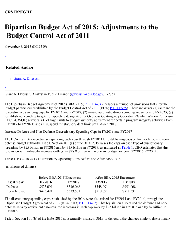 Bipartisan Budget Act of 2015: Adjustments to the Budget Control Act of ...