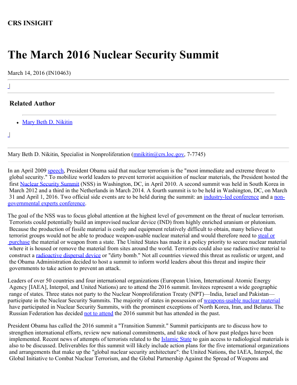 The March 2016 Nuclear Security Summit - EveryCRSReport.com