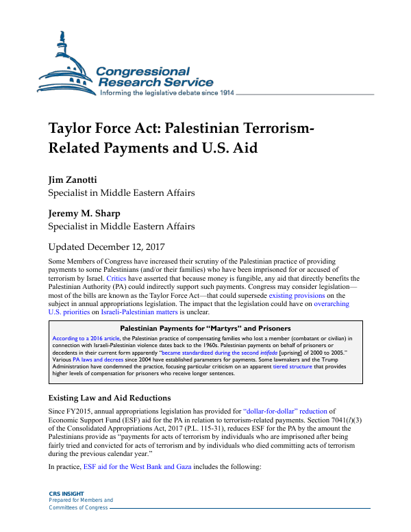 Taylor Force Act: Palestinian Terrorism-Related Payments and U.S. Aid ...