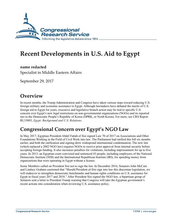 Recent Developments in U.S. Aid to Egypt - EveryCRSReport.com