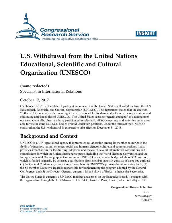 U.S. Withdrawal from the United Nations Educational, Scientific and ...