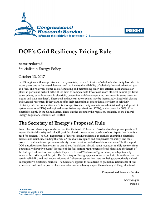 DOE’s Grid Resiliency Pricing Rule - EveryCRSReport.com