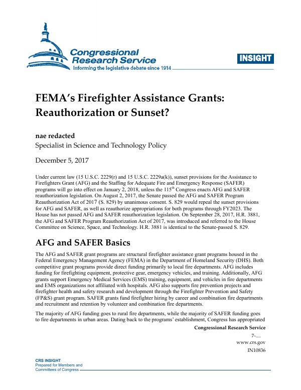 FEMA’s Firefighter Assistance Grants: Reauthorization or Sunset ...