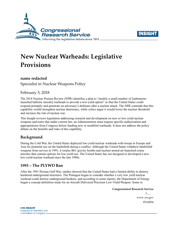 New Nuclear Warheads: Legislative Provisions - EveryCRSReport.com