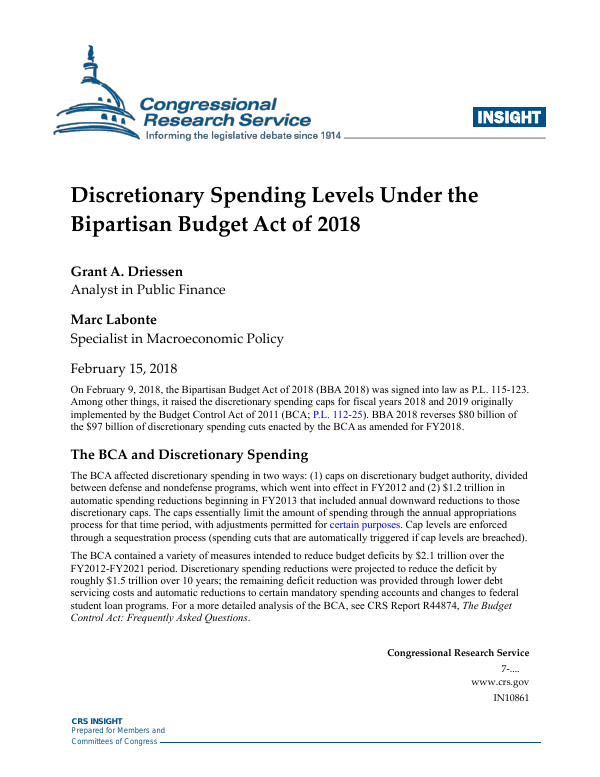 Discretionary Spending Levels Under the Bipartisan Budget Act of 2018 ...