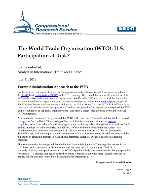 The World Trade Organization (WTO): U.S. Participation at Risk ...