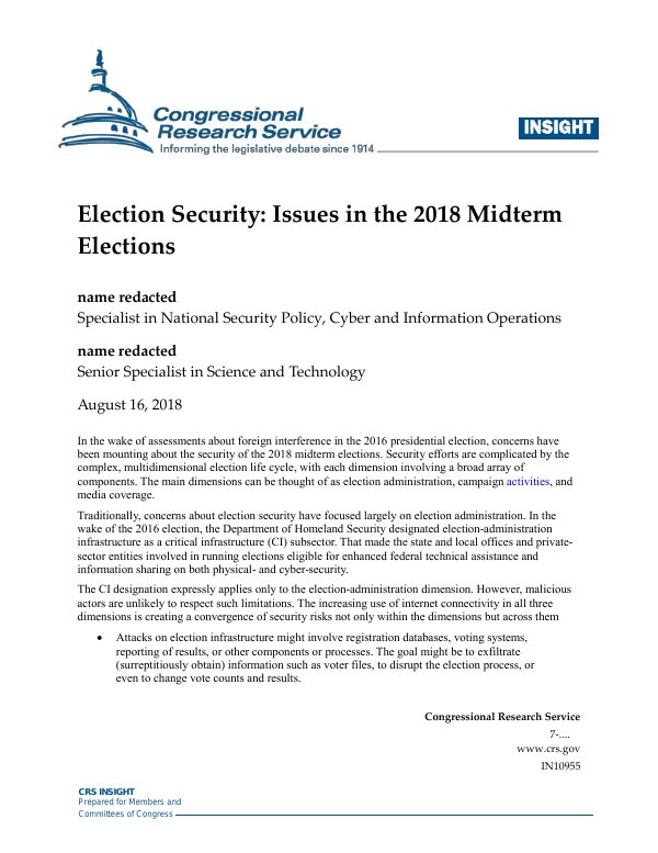 Election Security: Issues in the 2018 Midterm Elections ...