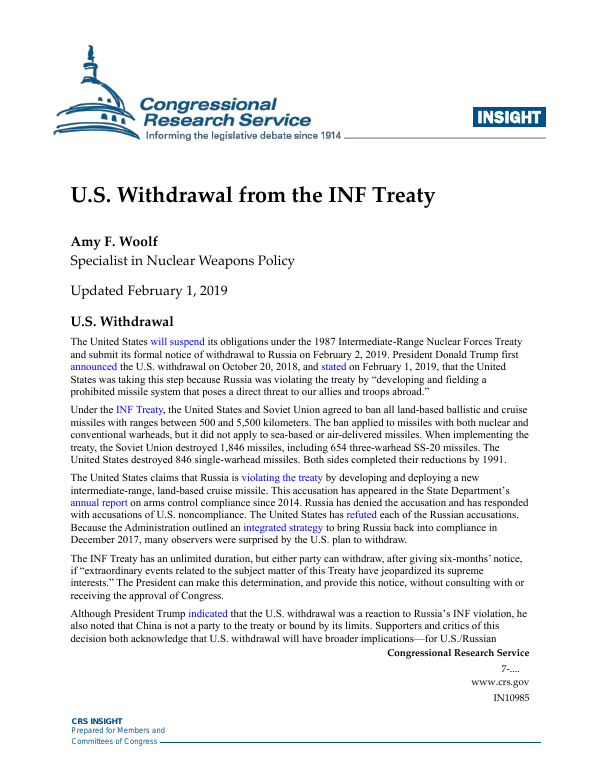 U.S. Withdrawal from the INF Treaty - EveryCRSReport.com