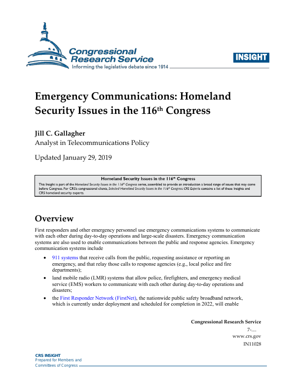 Emergency Communications: Homeland Security Issues in the 116th ...