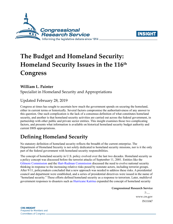 The Budget and Homeland Security: Homeland Security Issues in the 116th ...