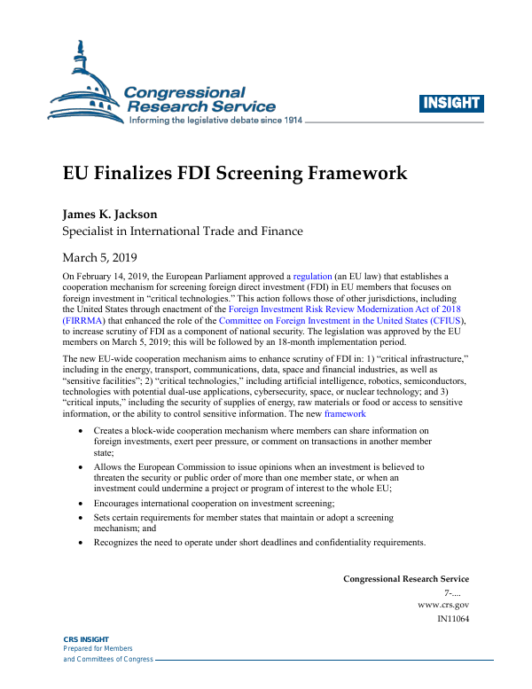 EU Finalizes FDI Screening Framework - EveryCRSReport.com