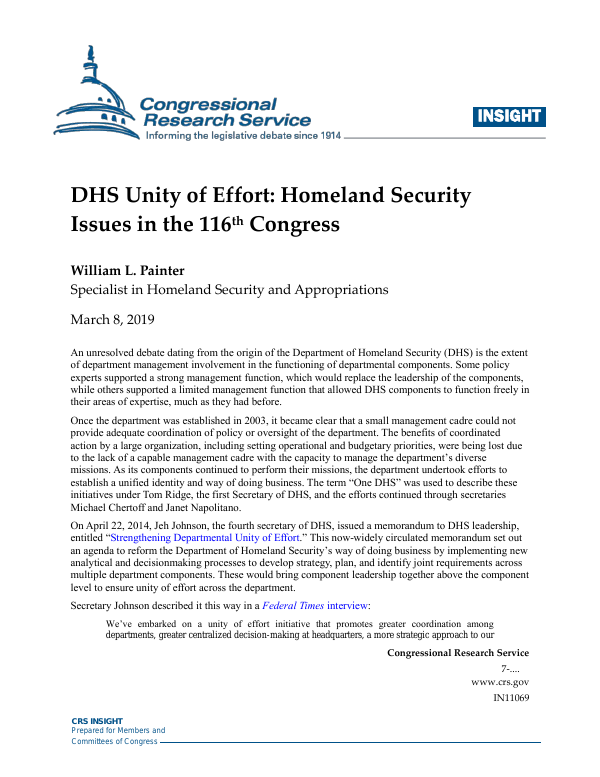 DHS Unity of Effort: Homeland Security Issues in the 116th Congress ...