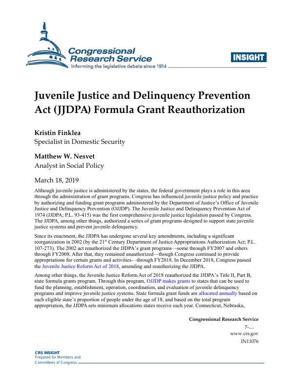 Juvenile Justice and Delinquency Prevention Act (JJDPA) Formula Grant ...