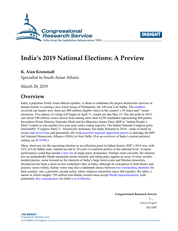 India’s 2019 National Elections: A Preview - EveryCRSReport.com