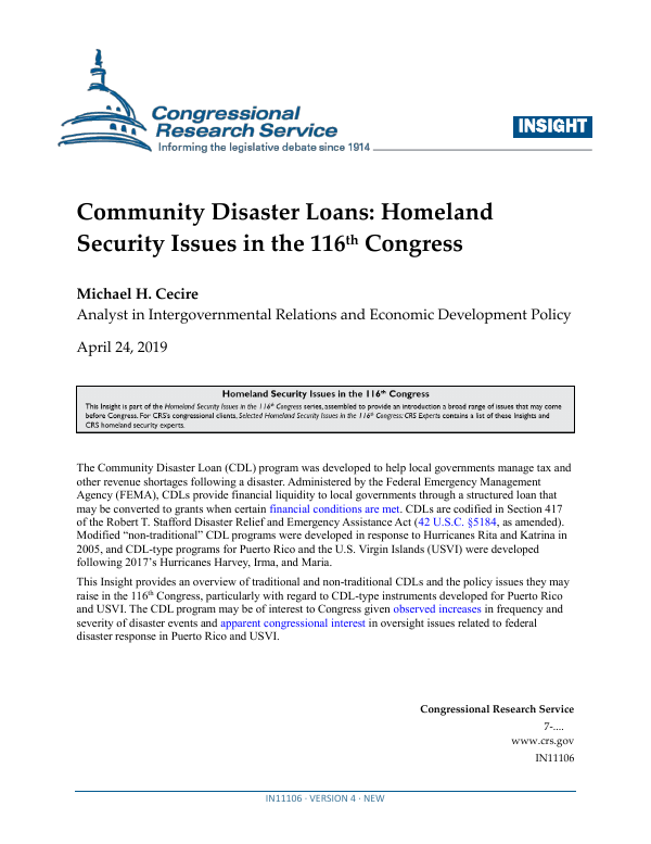 Community Disaster Loans: Homeland Security Issues in the 116th ...