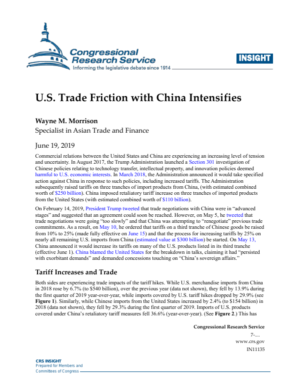 U.S. Trade Friction with China Intensifies - EveryCRSReport.com