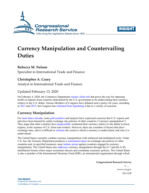 Currency Manipulation and Countervailing Duties - EveryCRSReport.com