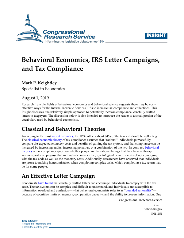 Behavioral Economics, IRS Letter Campaigns, and Tax Compliance ...
