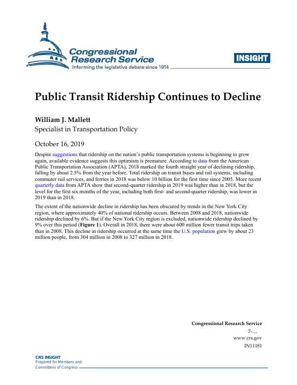 Public Transit Ridership Continues to Decline - EveryCRSReport.com