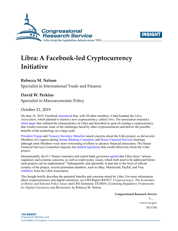 Libra: A Facebook-led Cryptocurrency Initiative - EveryCRSReport.com