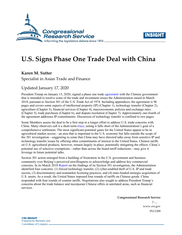 U.S. Signs Phase One Trade Deal with China - EveryCRSReport.com