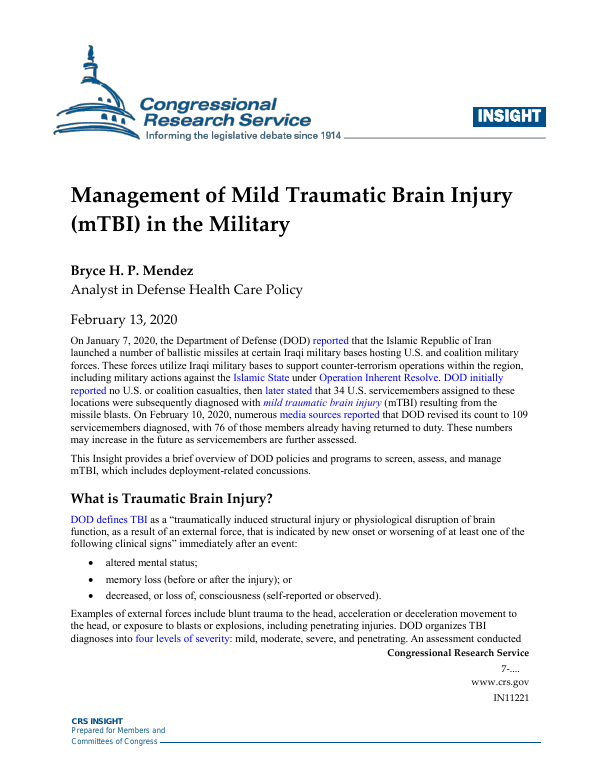Management of Mild Traumatic Brain Injury (mTBI) in the Military ...