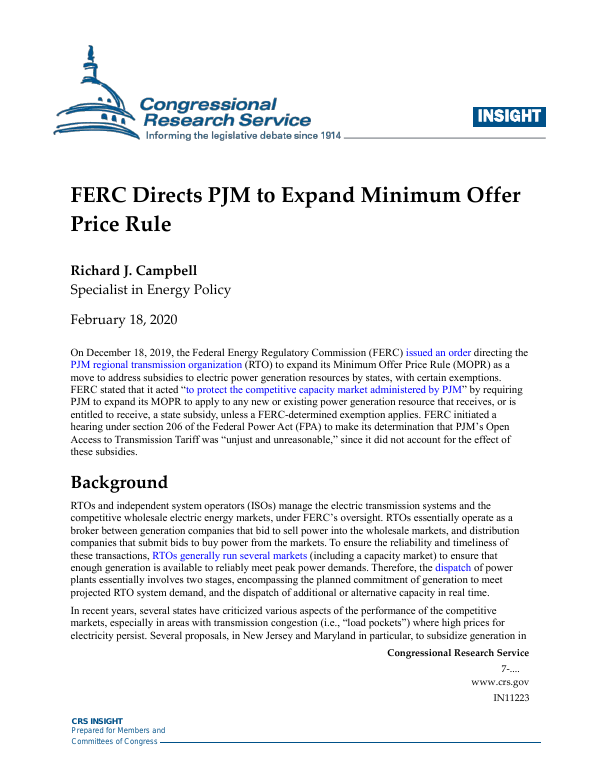 FERC Directs PJM to Expand Minimum Offer Price Rule - EveryCRSReport.com