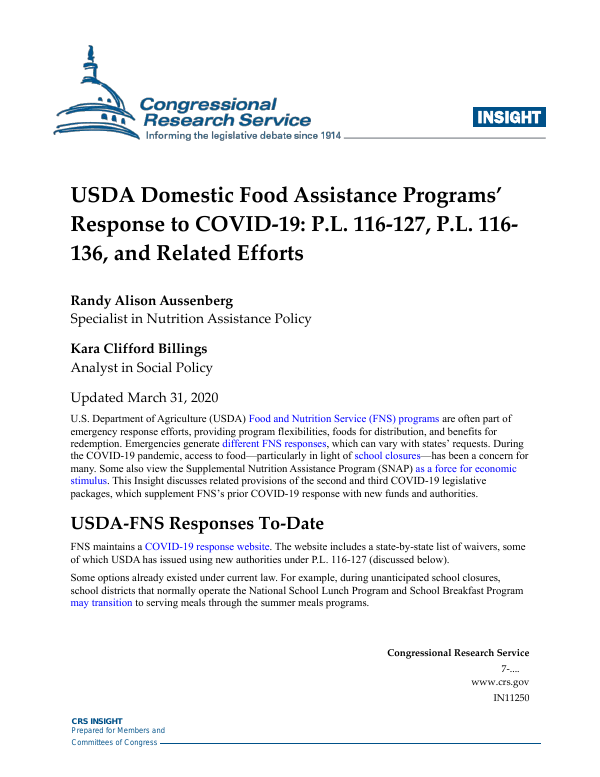 USDA Domestic Food Assistance Programs’ Response to COVID-19: P.L. 116 ...