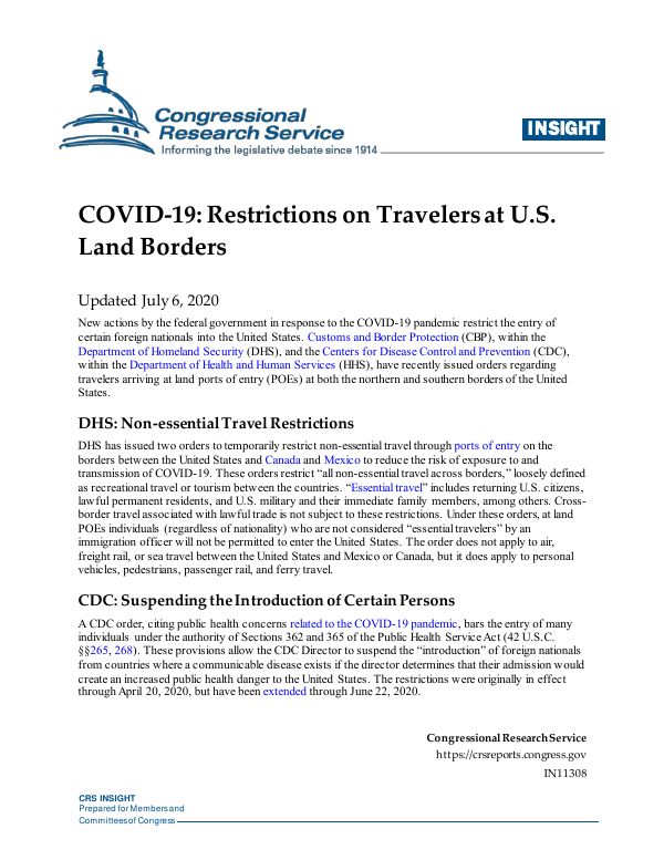 COVID-19: Restrictions on Travelers at U.S. Land Borders ...