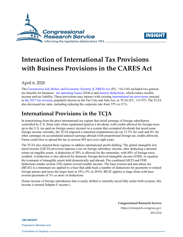Interaction of International Tax Provisions with Business Provisions in ...
