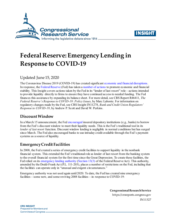 Federal Reserve: Emergency Lending in Response to COVID-19 ...