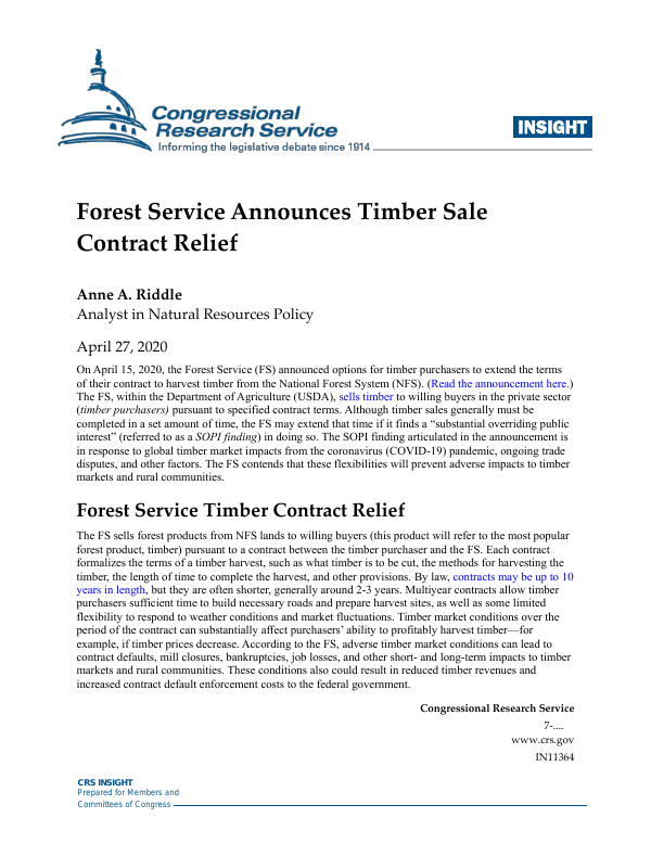 Forest Service Announces Timber Sale Contract Relief - EveryCRSReport.com