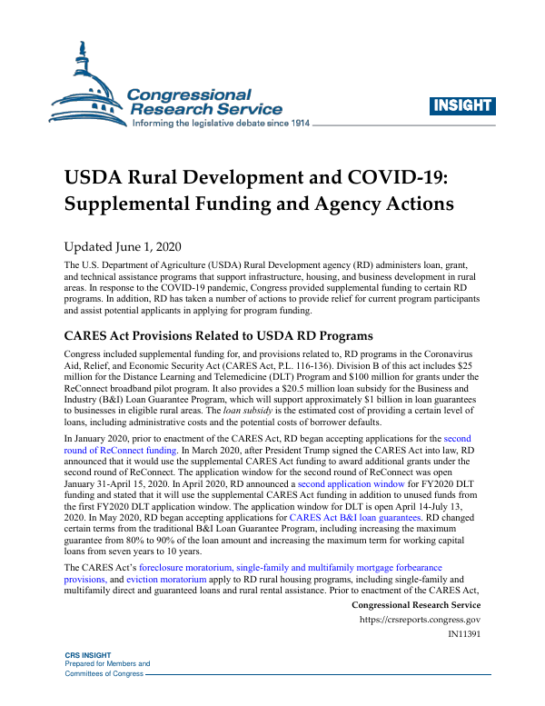 USDA Rural Development and COVID-19: Supplemental Funding and Agency ...