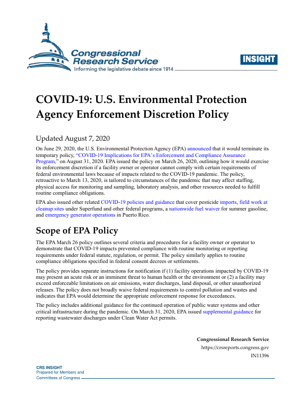 COVID-19: U.S. Environmental Protection Agency Enforcement Discretion ...