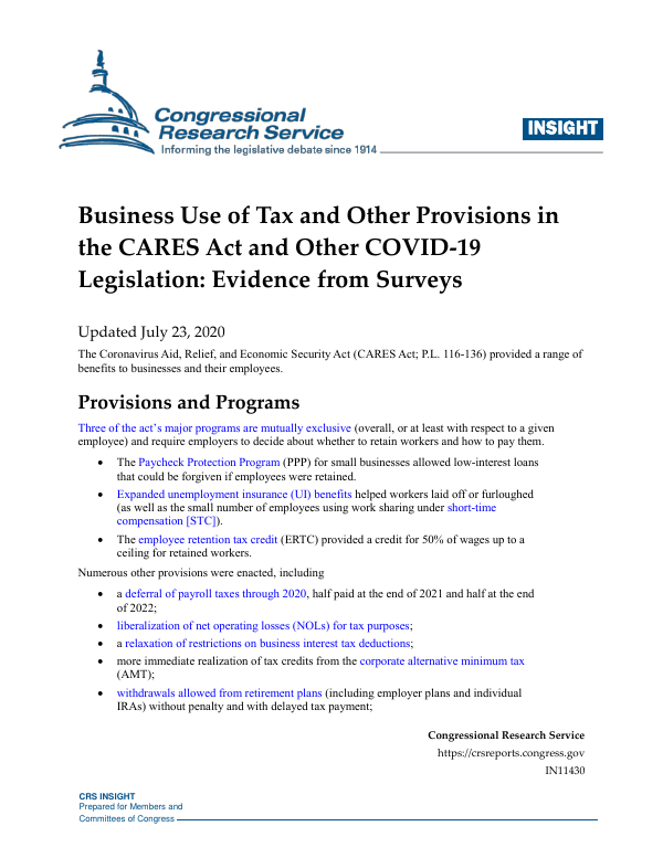 Business Use of Tax and Other Provisions in the CARES Act and Other ...