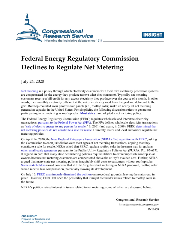 Federal Energy Regulatory Commission Declines to Regulate Net Metering ...