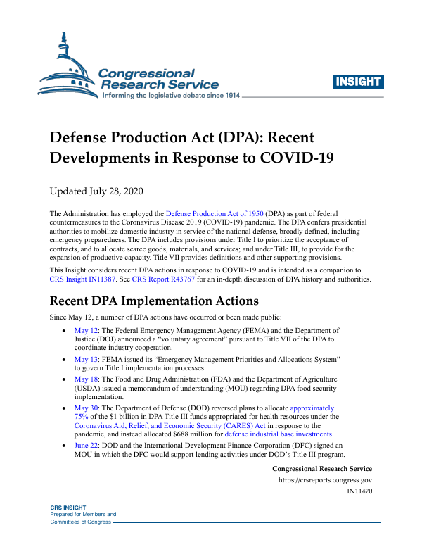 Defense Production Act (DPA): Recent Developments in Response to COVID ...