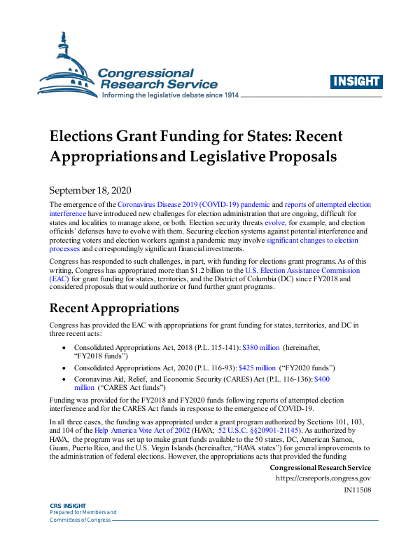 Elections Grant Funding for States: Recent Appropriations and ...