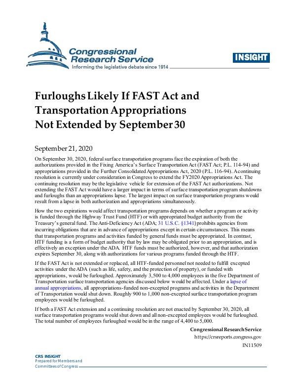 Furloughs Likely If FAST Act and Transportation Appropriations Not ...