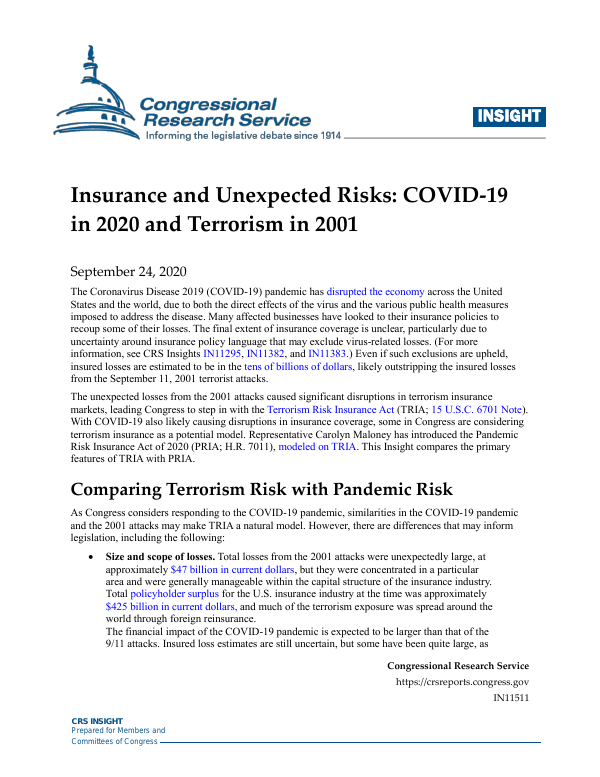 Insurance and Unexpected Risks: COVID-19 in 2020 and Terrorism in 2001 ...