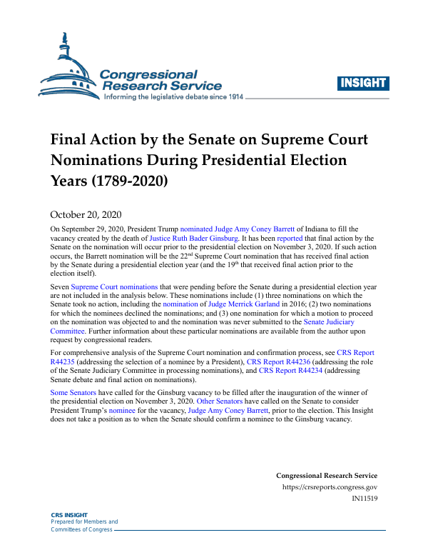 Final Action by the Senate on Supreme Court Nominations During ...