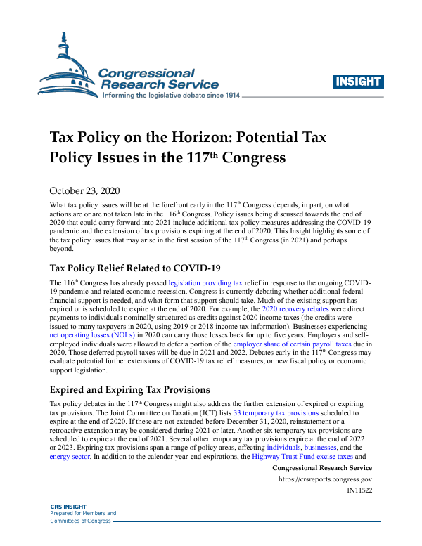 Tax Policy on the Horizon: Potential Tax Policy Issues in the 117th ...